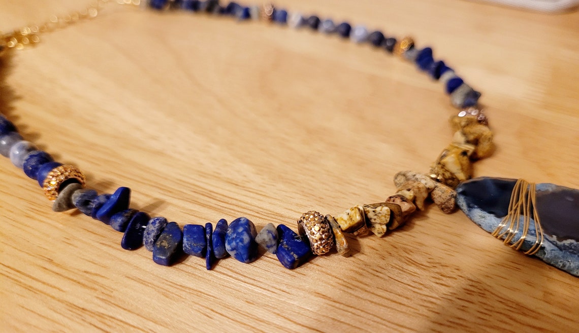 Lapis Geode Crystal Wire Wrapped Stone and Bead Necklace Raw - Etsy