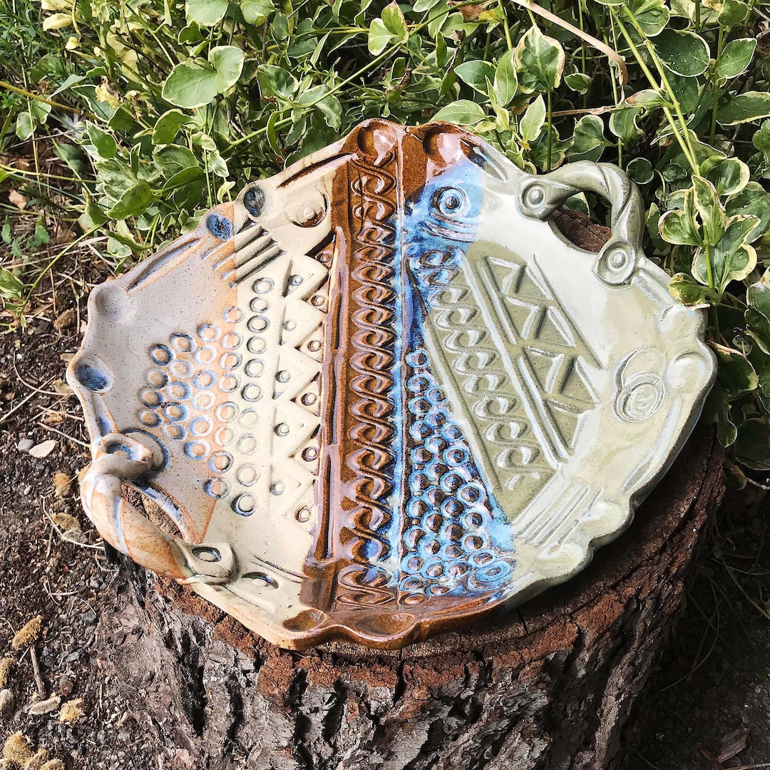Hand-built Embossed Ceramic Platter: Decorative Plate With Handles ...