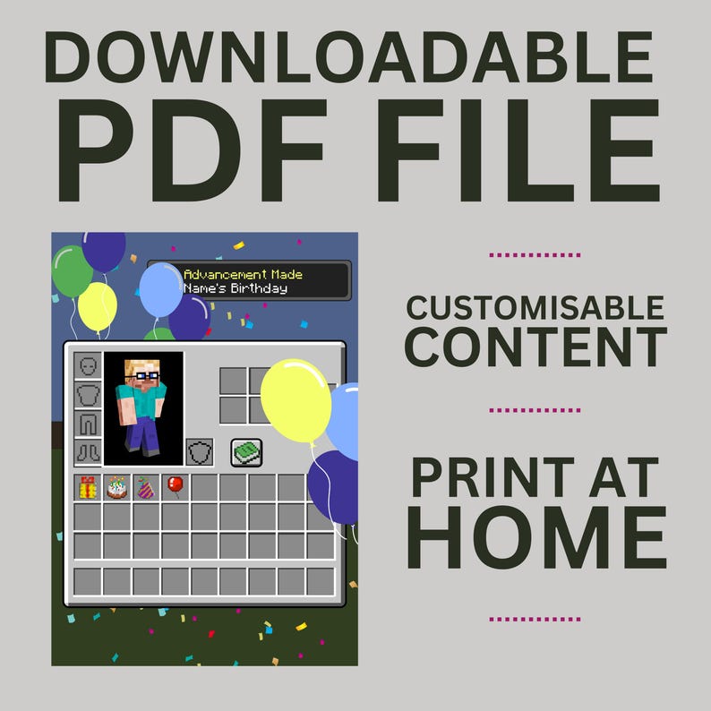 Printable MINECRAFT Birthday Card | Custom Avatar, Gamer, Pixel Party ...