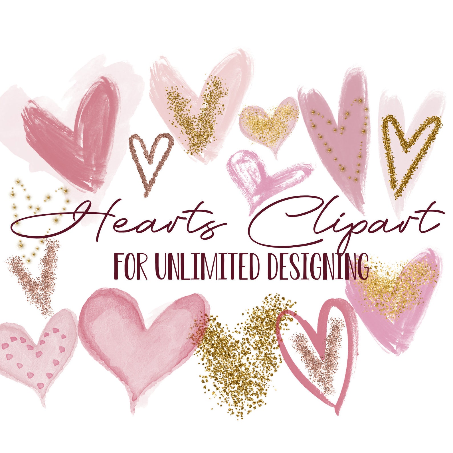Watercolor Heart Clipart Gold Glitter Hearts Watercolor | Etsy