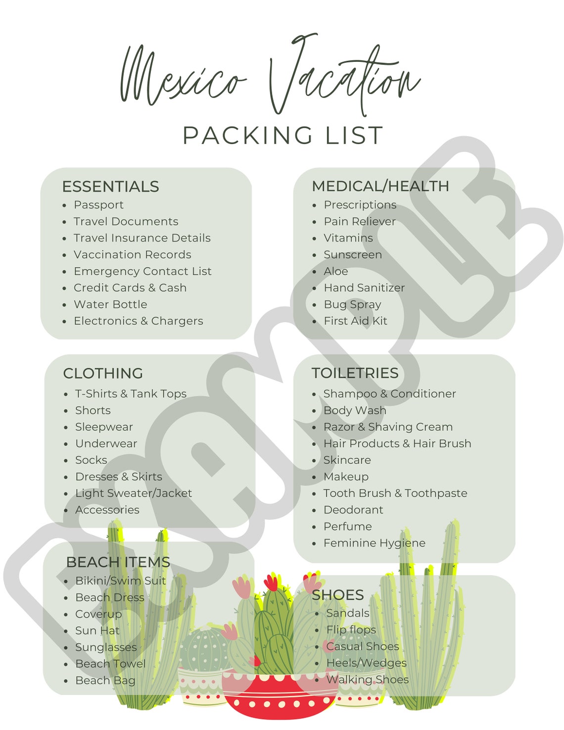 Mexico Vacation Packing List, Mexican Travel Checklist, Digital ...