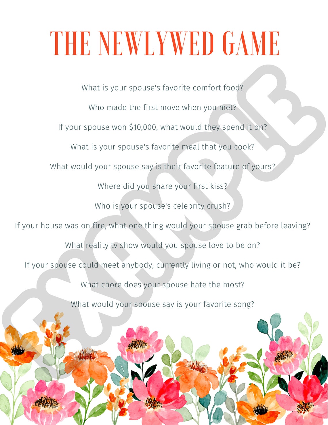 The Newlywed Game Pink Orange Flowers, Bridal Shower, Bachelorette Game ...