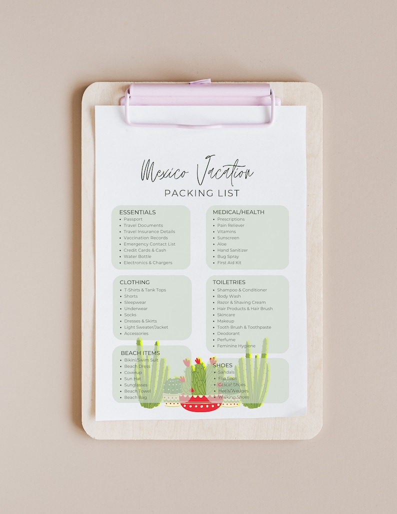 Mexico Vacation Packing List, Mexican Travel Checklist, Digital ...
