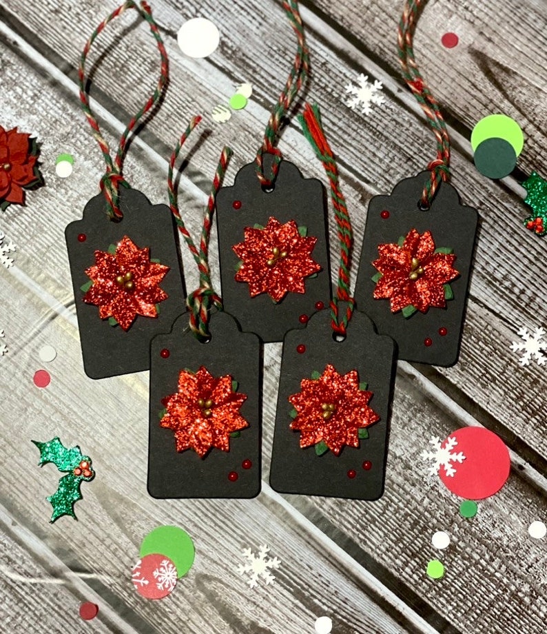 Poinsettia Christmas Gift Tags - Customizable Set of 5 or Set of 10 3-D ...