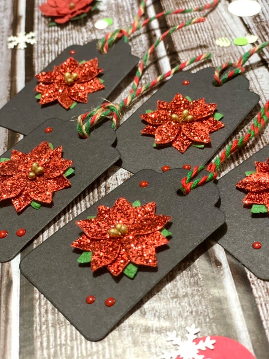 Poinsettia Christmas Gift Tags - Customizable Set of 5 or Set of 10 3-D ...