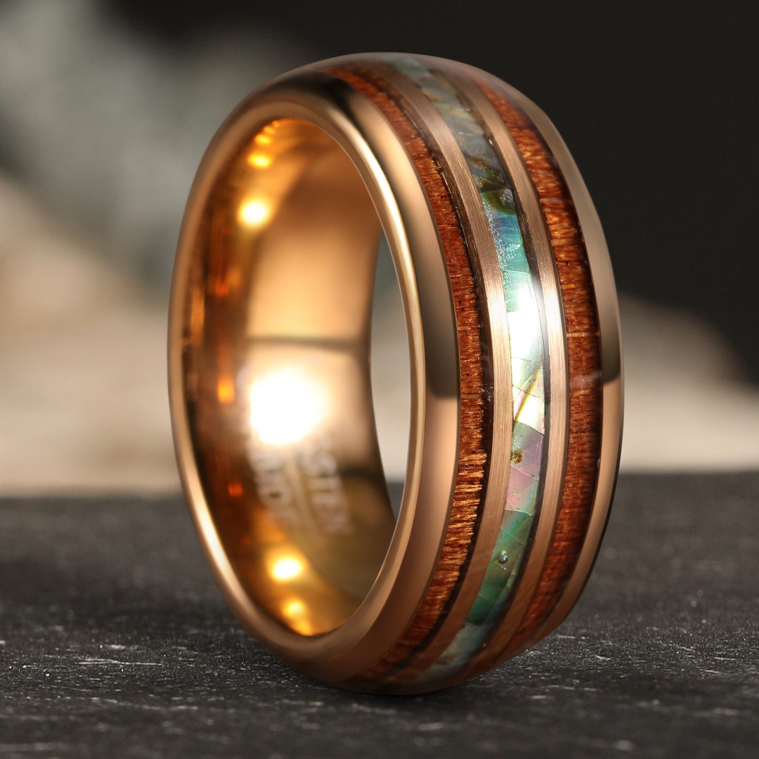 Koa Wood Ring, Abalone Shell Inlay Rose Gold Tungsten Rings, Koa Wood ...