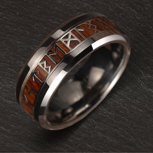 Viking Rune Ring, Koa Wood Tungsten Ring, Silver Rune Wedding Band ...