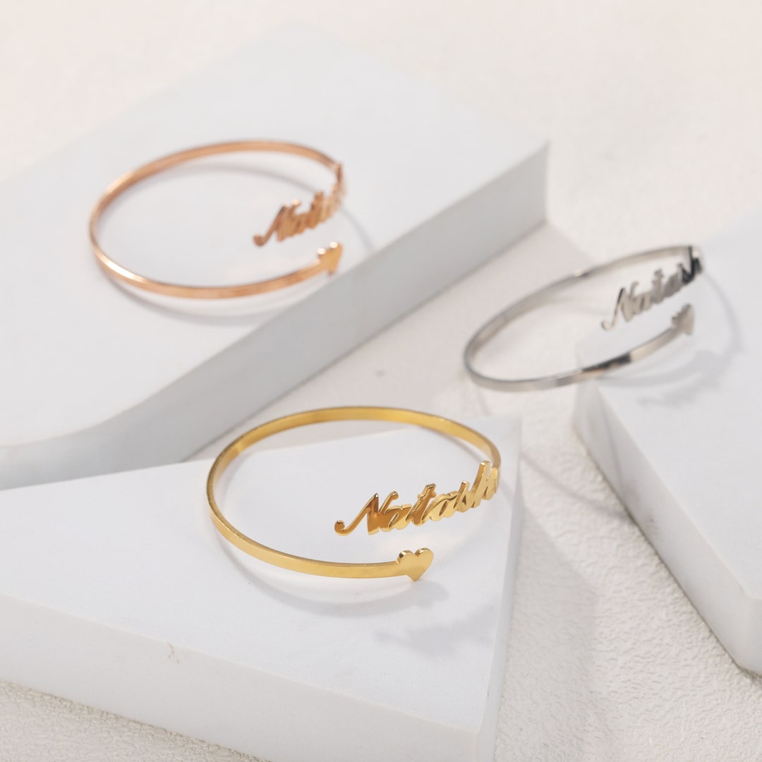 Personalized Name Bracelets With Love Heart, 18K Gold Custom Name Cuff ...