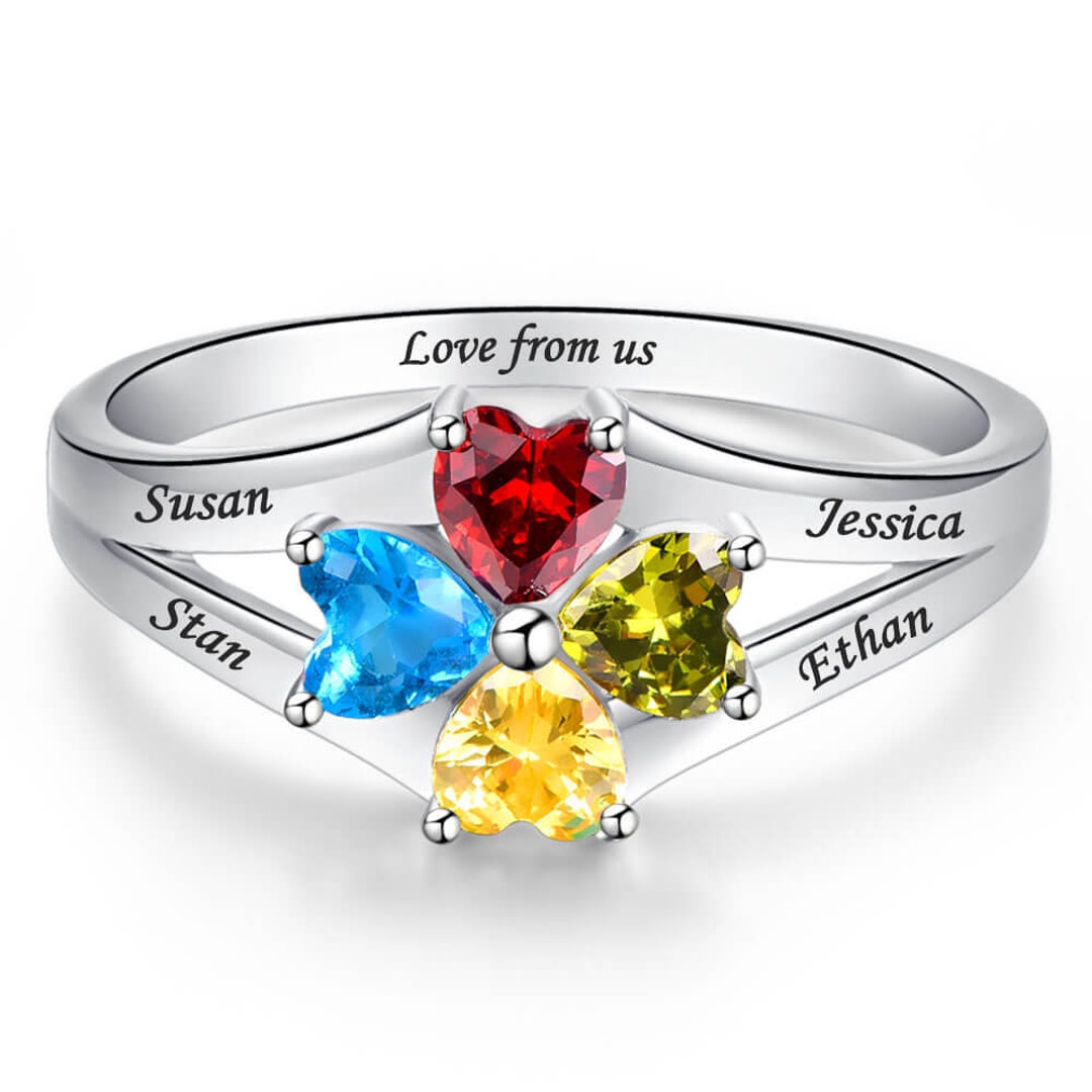 Personalized Sterling Silver Name Engraved Ring, 4 Heart Birthstones ...
