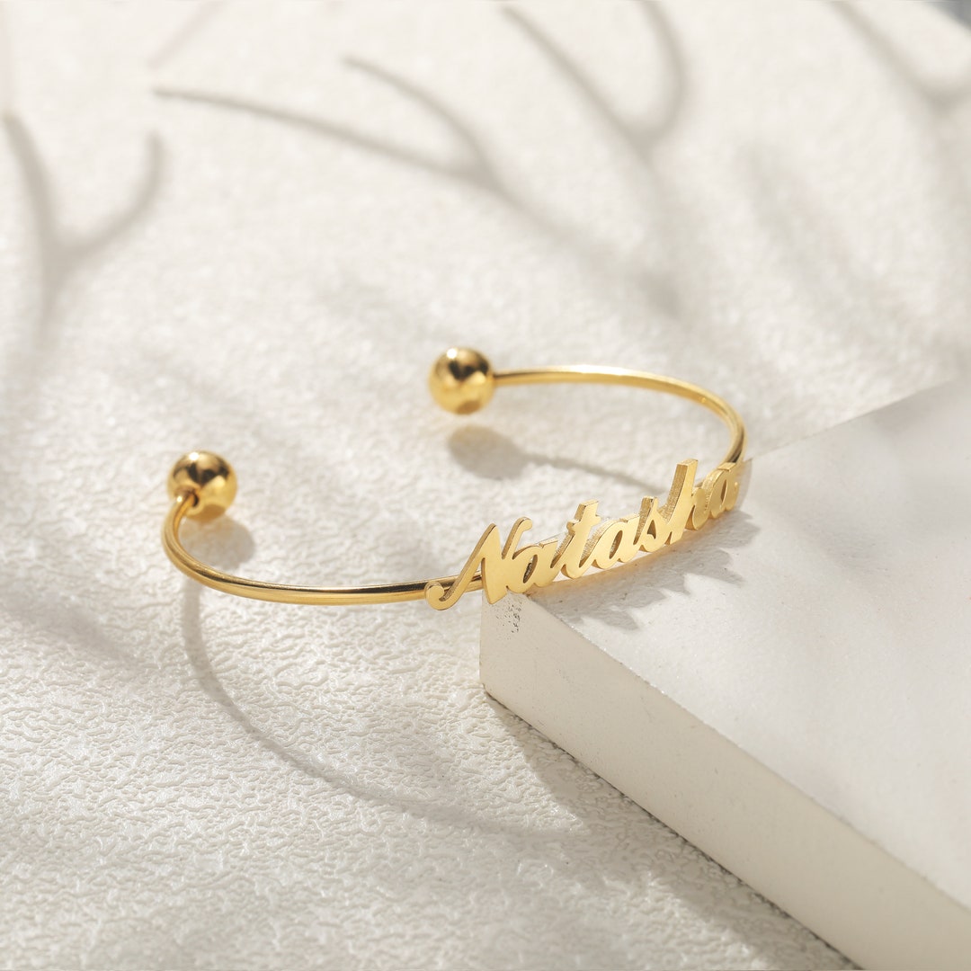 Personalized Name Bracelets, 18K Gold Custom Engraved Name Cuff Bangle ...
