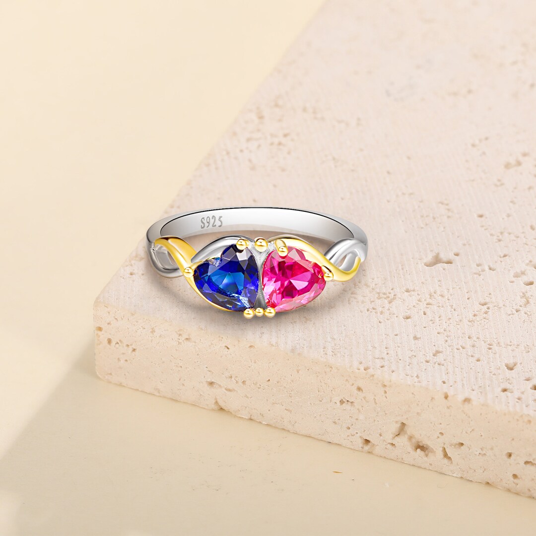Personalized Sterling Silver Infinity Couple Ring, Heart Birthstone ...