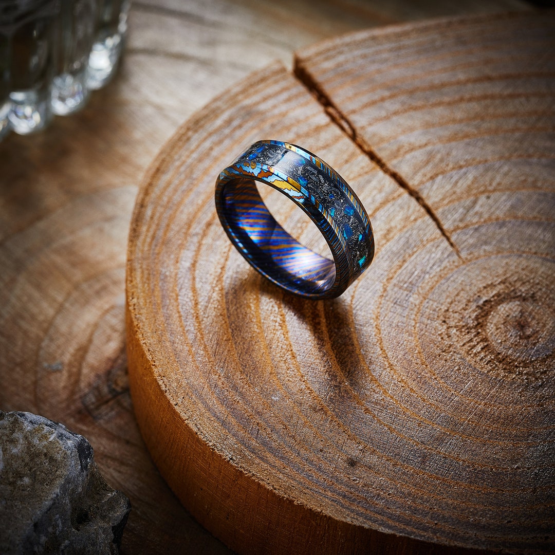 Blue Titanium Ring, Opal and Meteorite Inlay Ring, Timascus Wedding ...