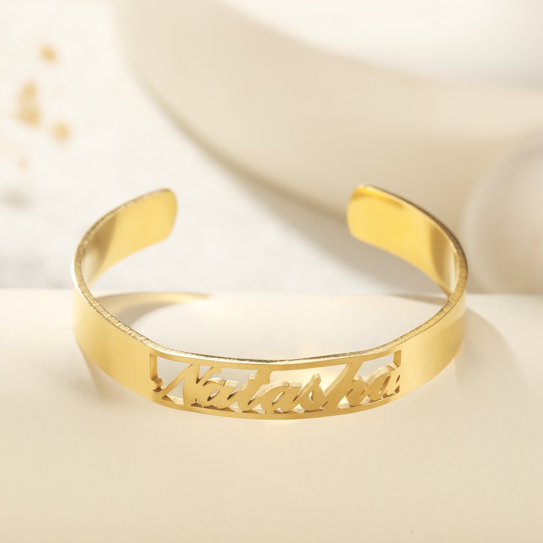 Personalized Name Bracelets, 18K Gold Custom Engraved Name Cuff Bangle ...