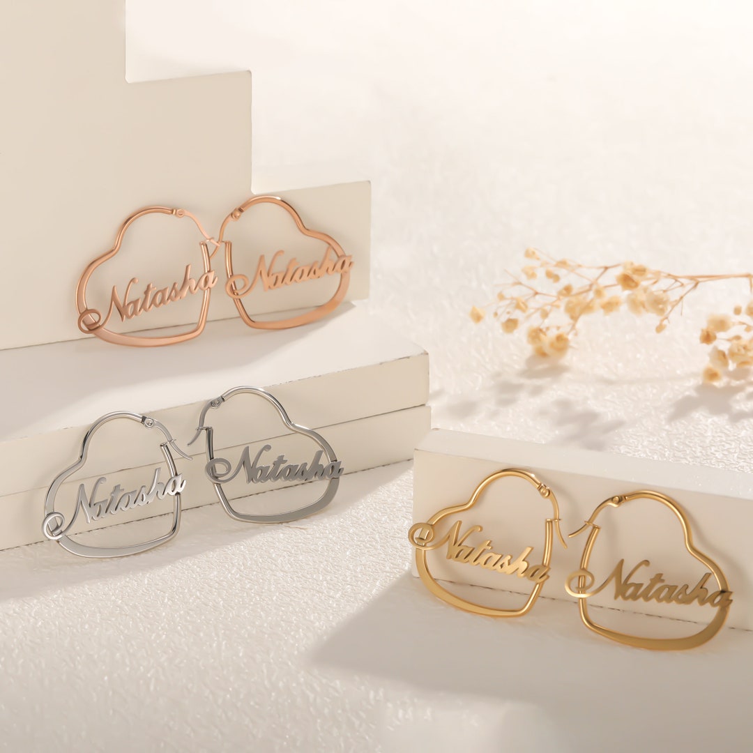 Personalized Name Heart Hoop Earrings, Custom Earrings, Heart Initial ...