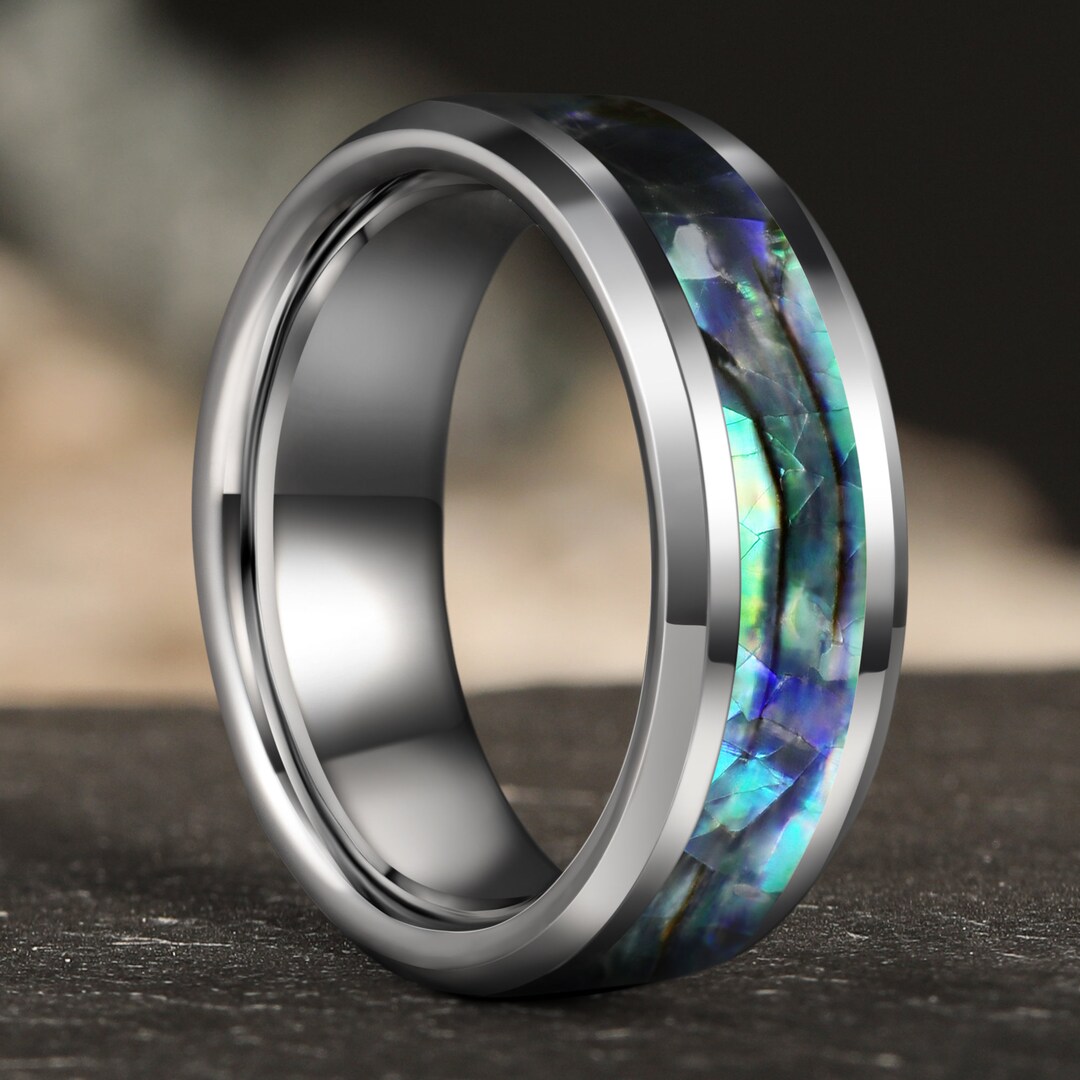 Silver Tungsten Ring, Abalone Shell Inlay Ring, 8mm Tungsten Wedding ...