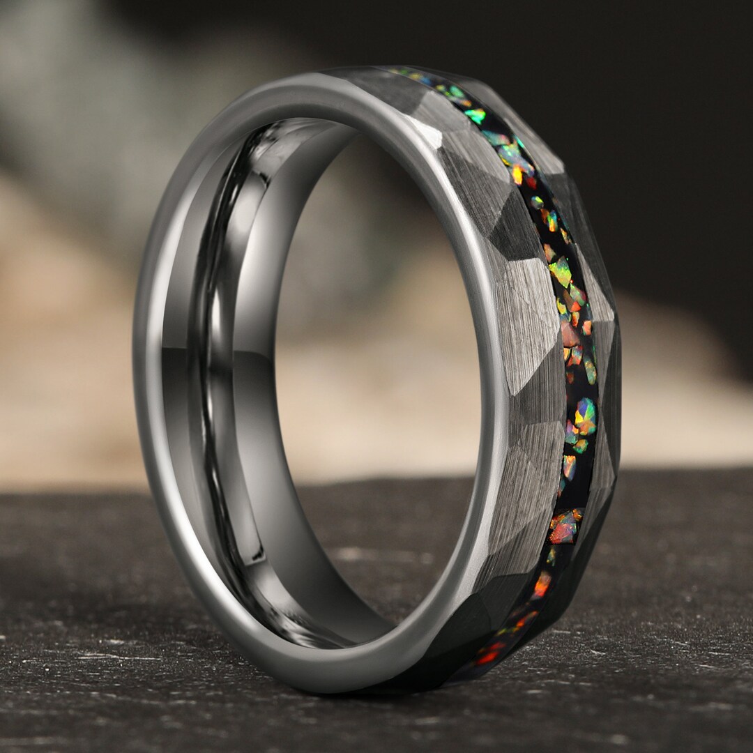 Opal Inlay Grey Hammered Wedding Ring, Hammered Tungsten Band, Opal ...