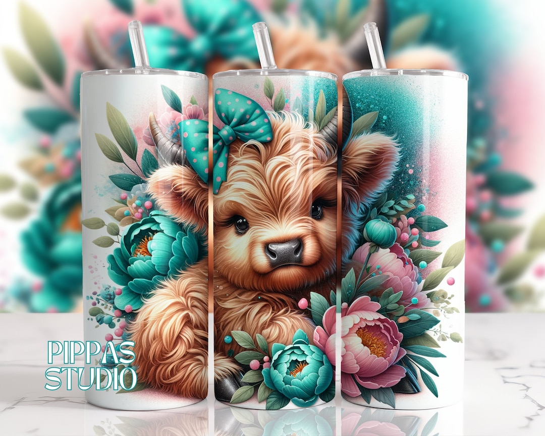 Teal Pink Highland Cow Floral Tumbler Wrap 20oz, Flower Sublimation ...