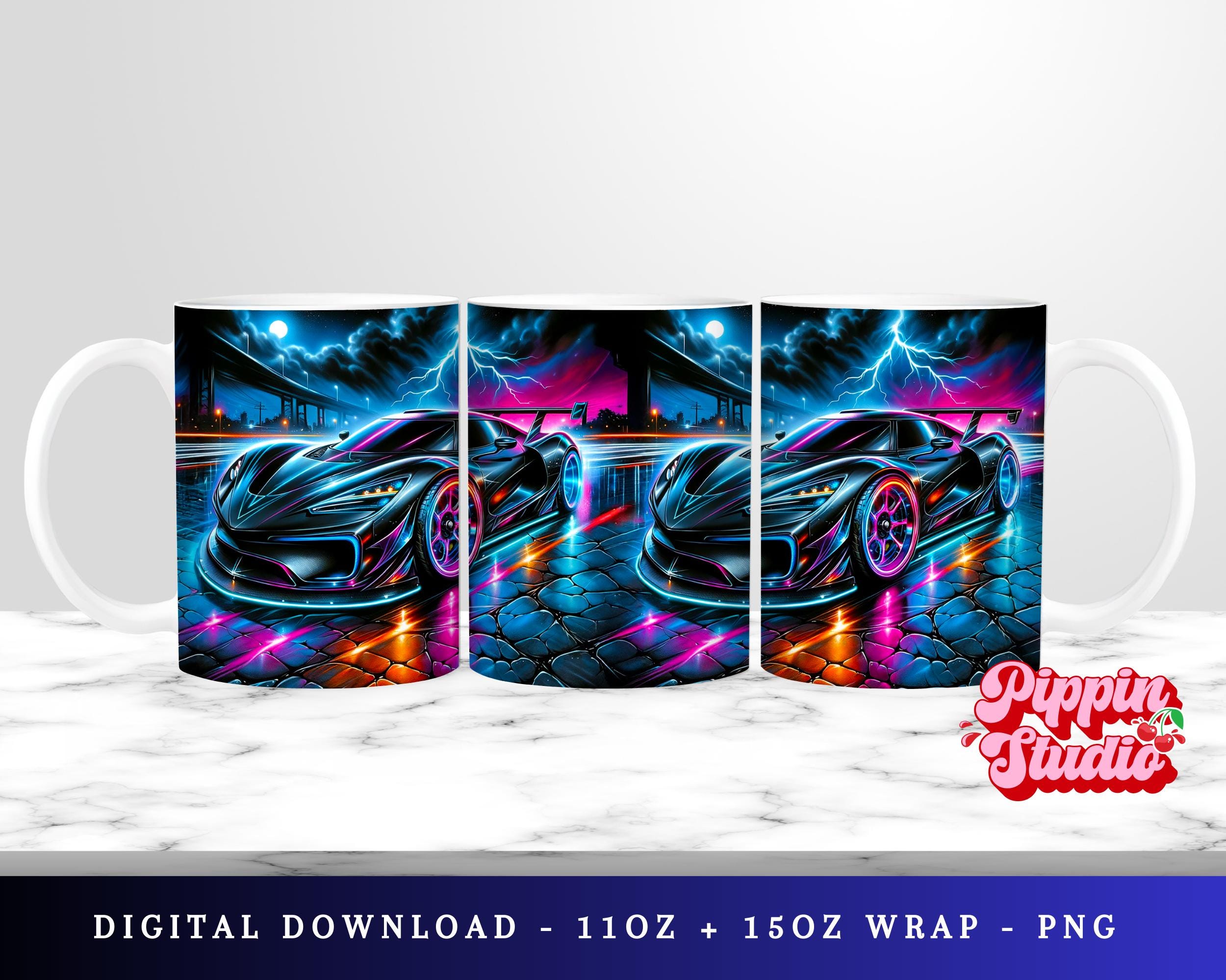 Neon Sports Car Mug Wrap: Sublimation Design PNG (11oz & 15oz) - Etsy