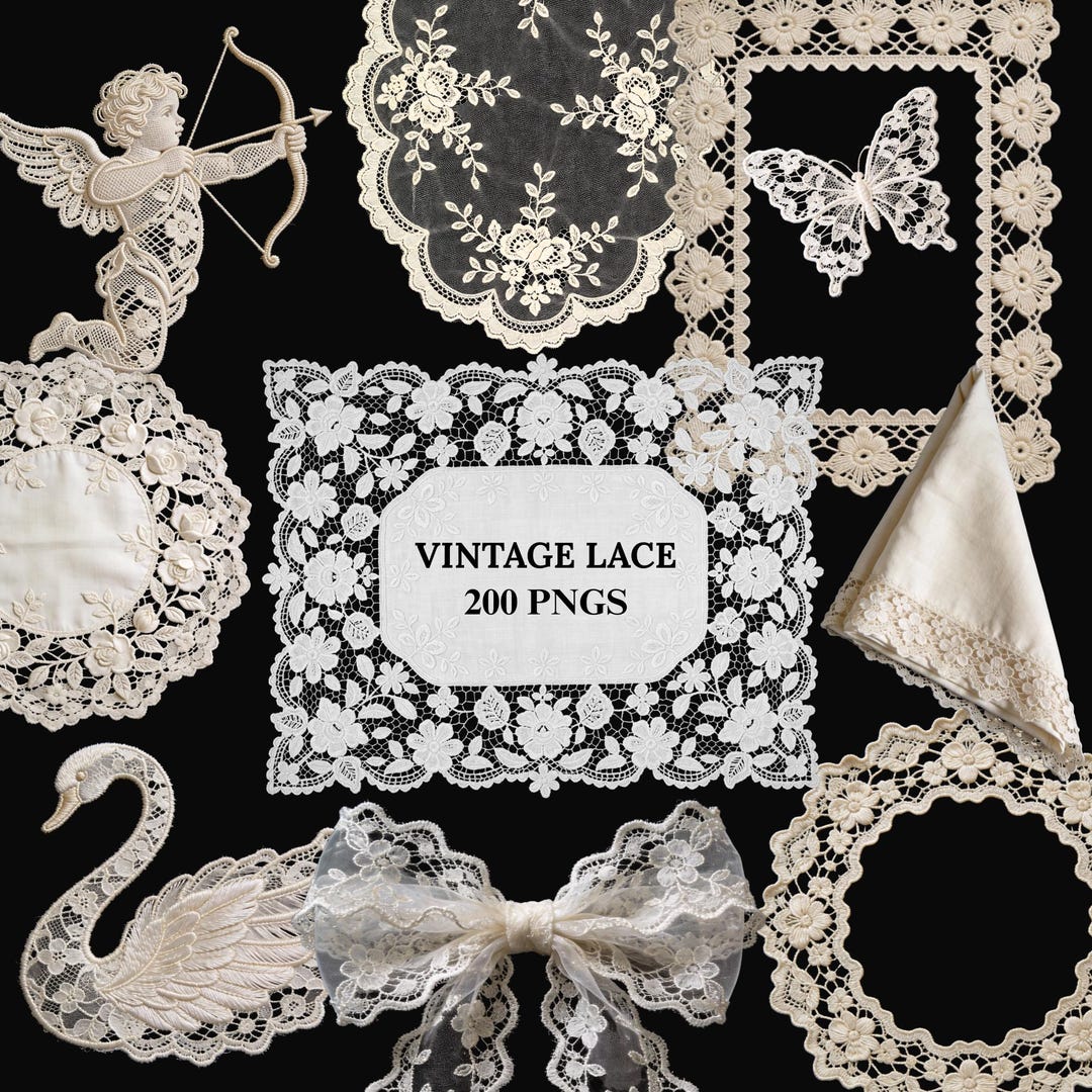 Vintage Lace PNG Bundle – 200 Transparent Lace Frames, Bows & Motifs ...