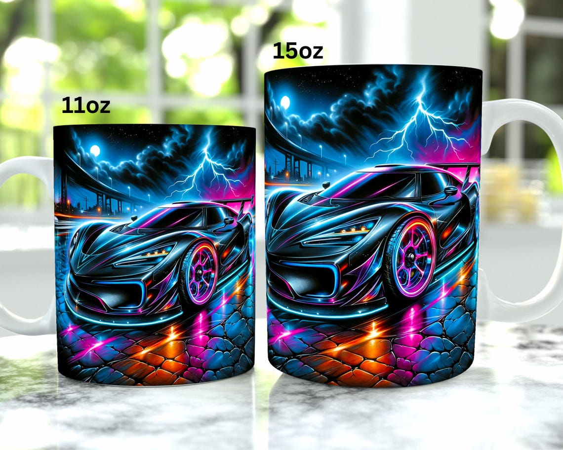 Neon Sports Car Mug Wrap: Sublimation Design PNG (11oz & 15oz) - Etsy