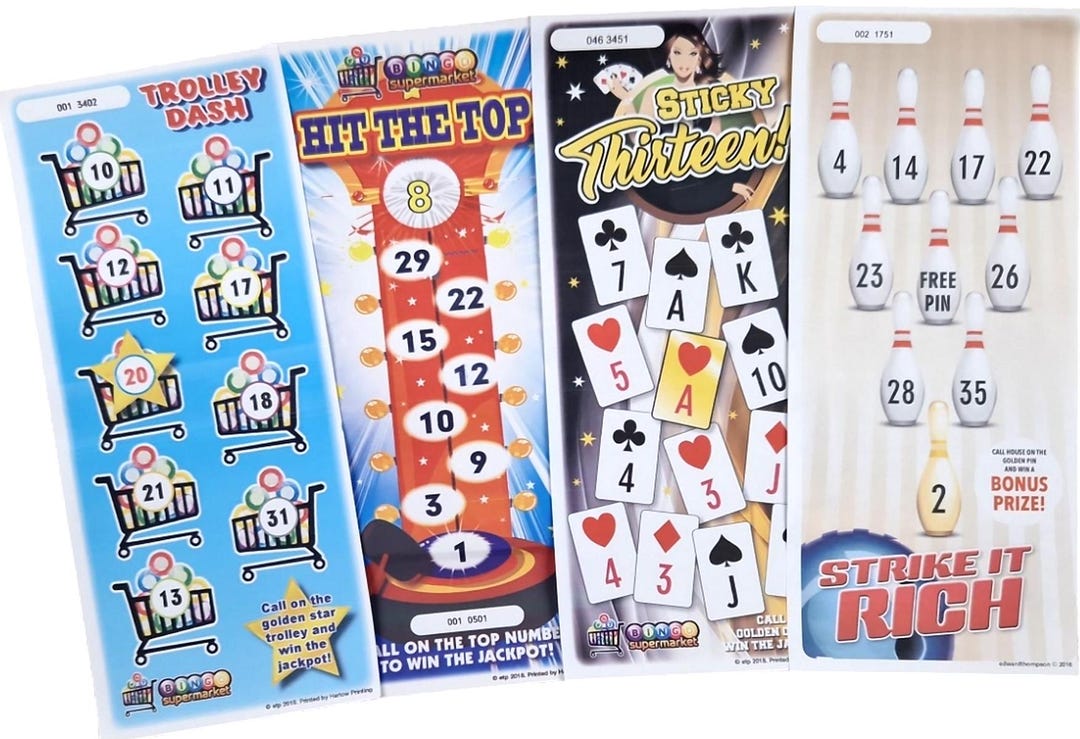 Novelty Bingo Games: Sticky 13, Strike It Rich, Trolly Dash, Hit the ...