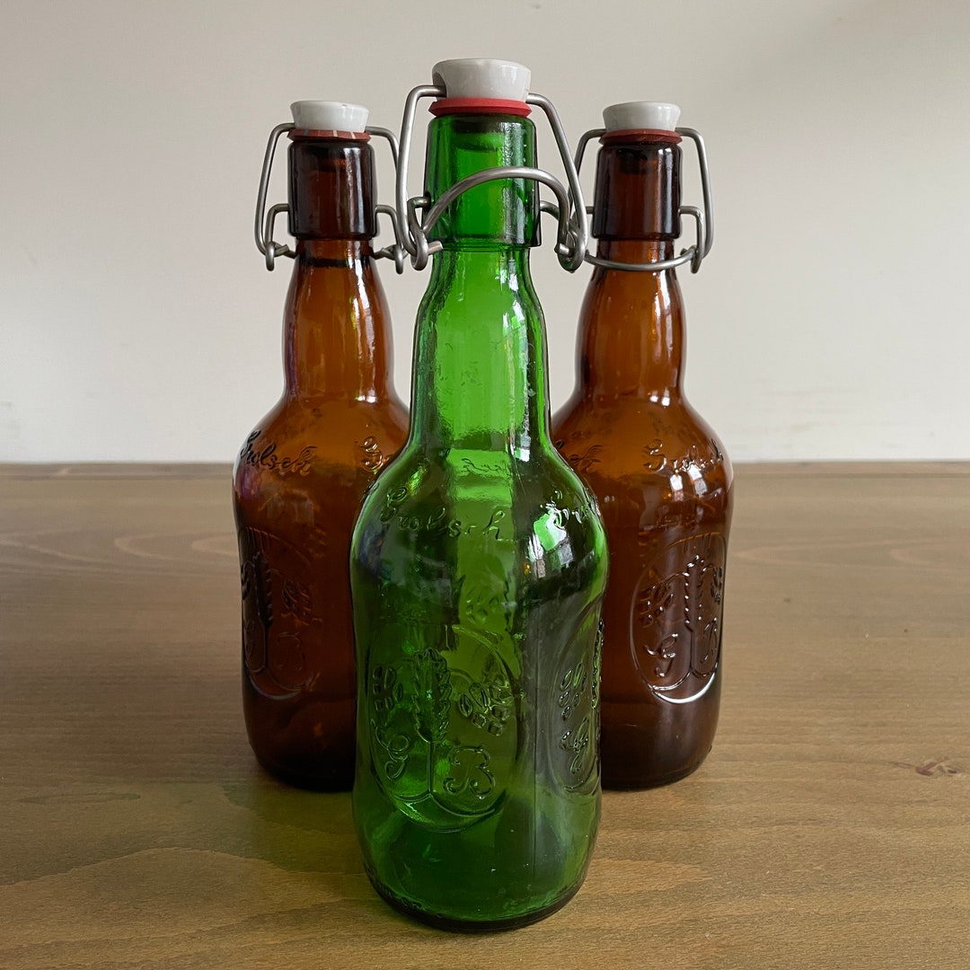 Vintage Grolsch Beer Bottles in Amber and Emerald Green With Porcelain ...