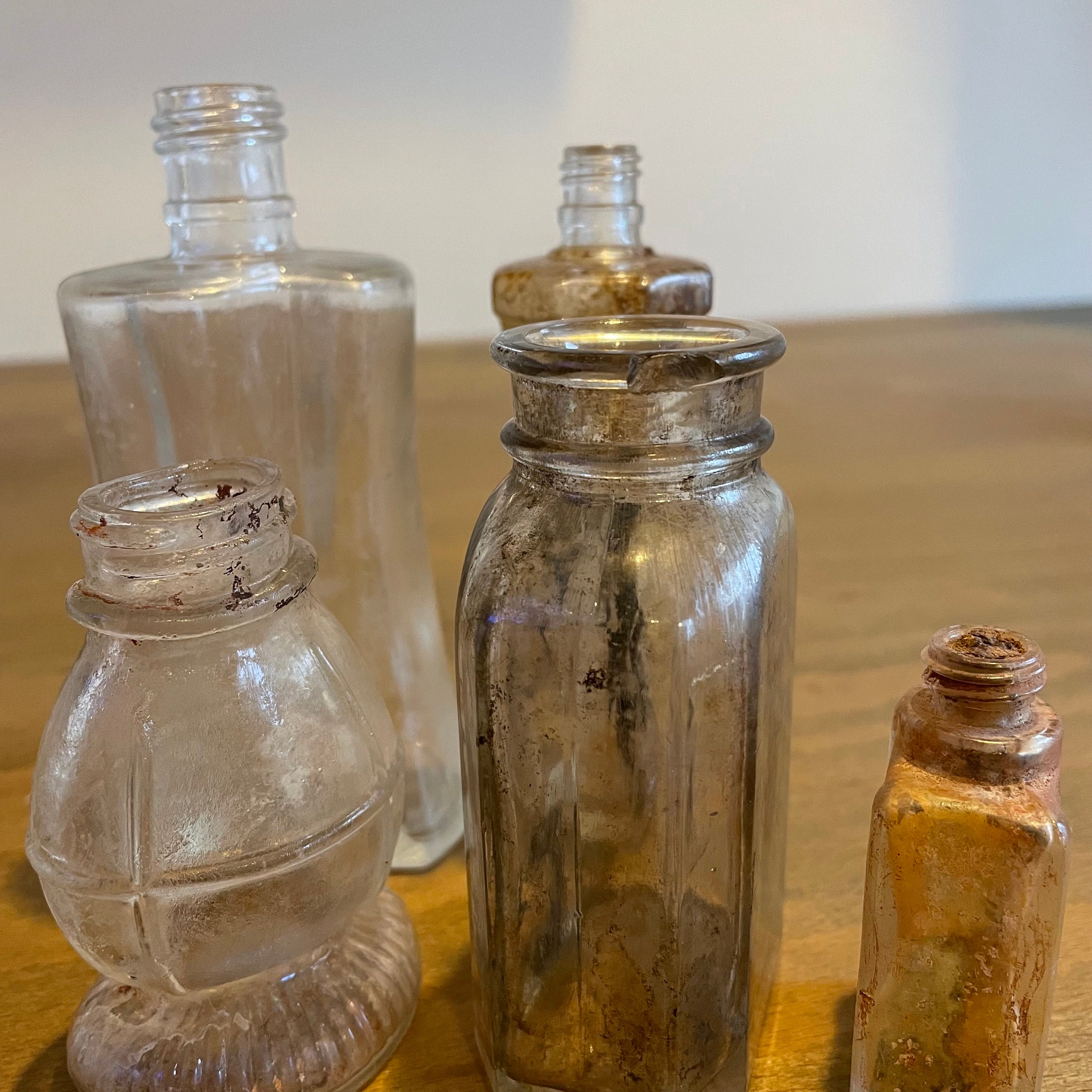 Set of 5 Vintage Clear Glass Dug Bottles Medicine Apothecary Perfume ...