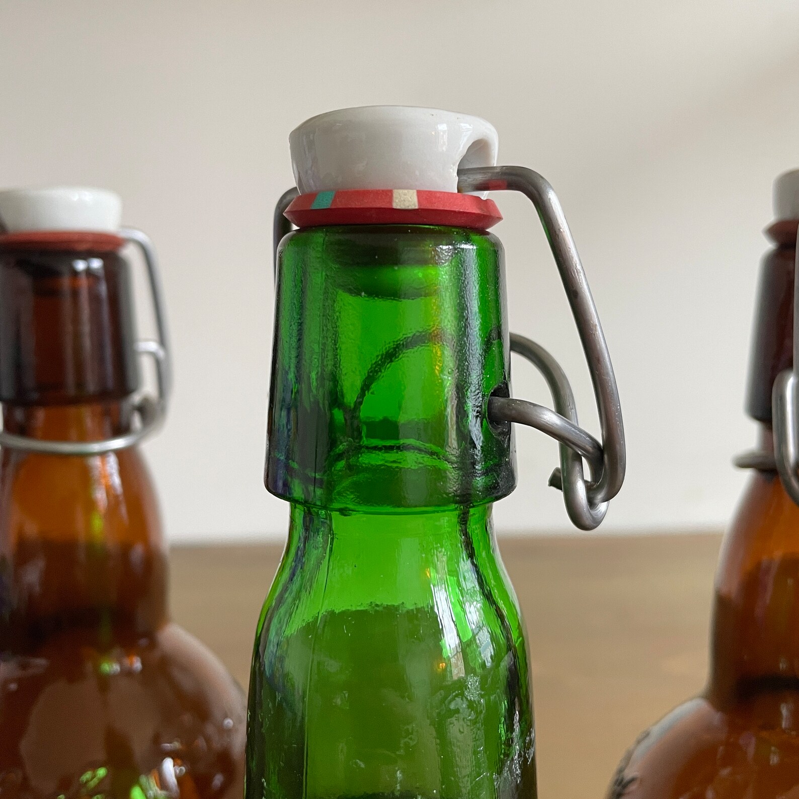 Vintage Grolsch Beer Bottles in Amber and Emerald Green With Porcelain ...