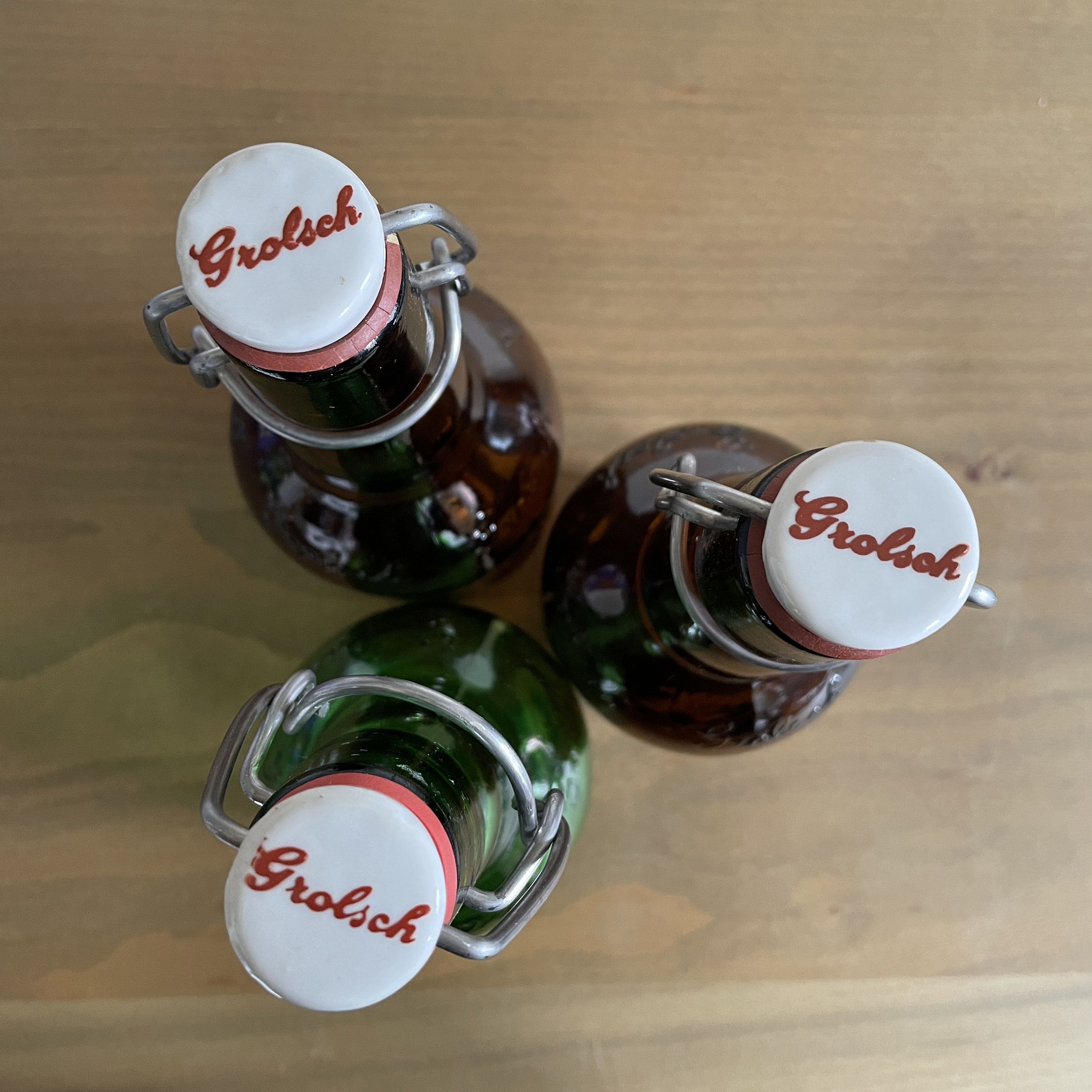 Vintage Grolsch Beer Bottles in Amber and Emerald Green With Porcelain ...