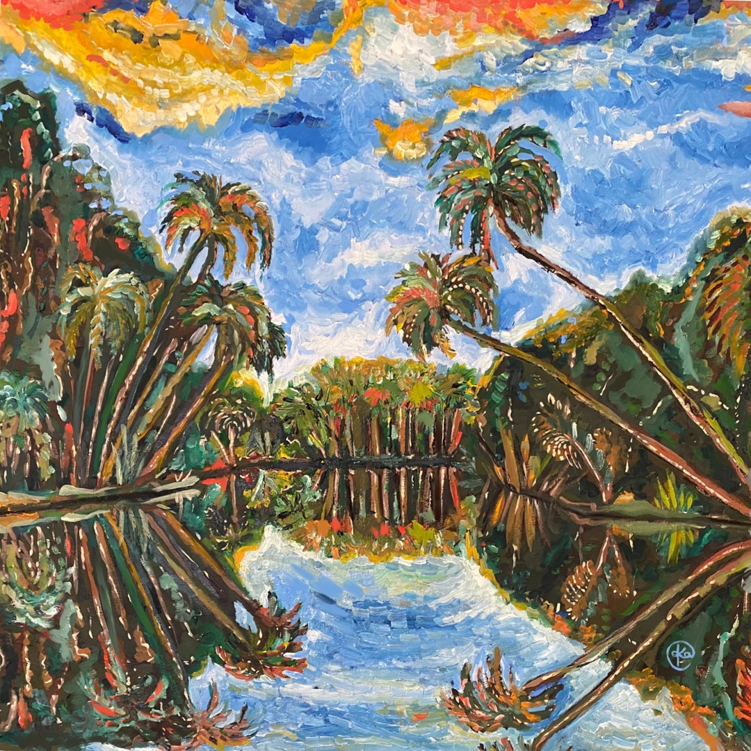 Tropical Serenity Print: Palms and Waterway Unframed Oil Painting Print ...