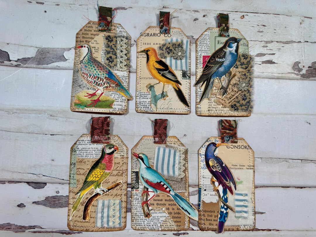 Set of 6 Handmade Bird Tags – Vintage Collage With Fabric, Lace ...