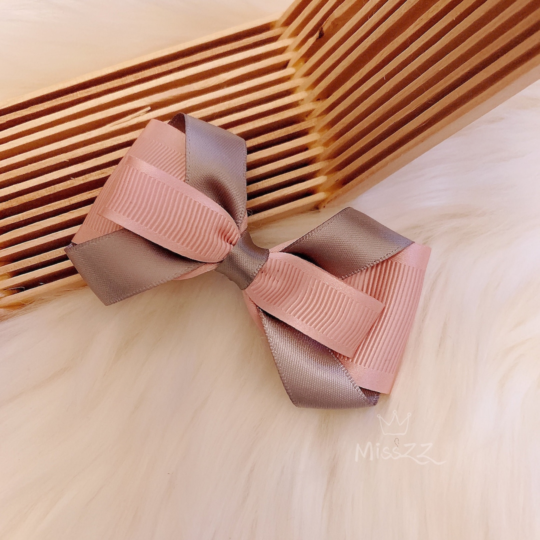Pink Ribbon Hair Bow, Pink and Gray Hair Bow,double Hair Bow，girls ...