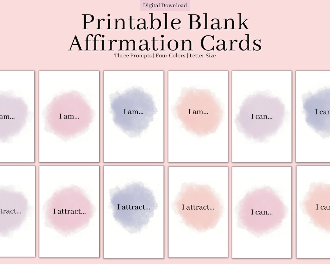 Blank Printable Affirmation Cards. 12 Cards, Pastel Lavender, Pink ...