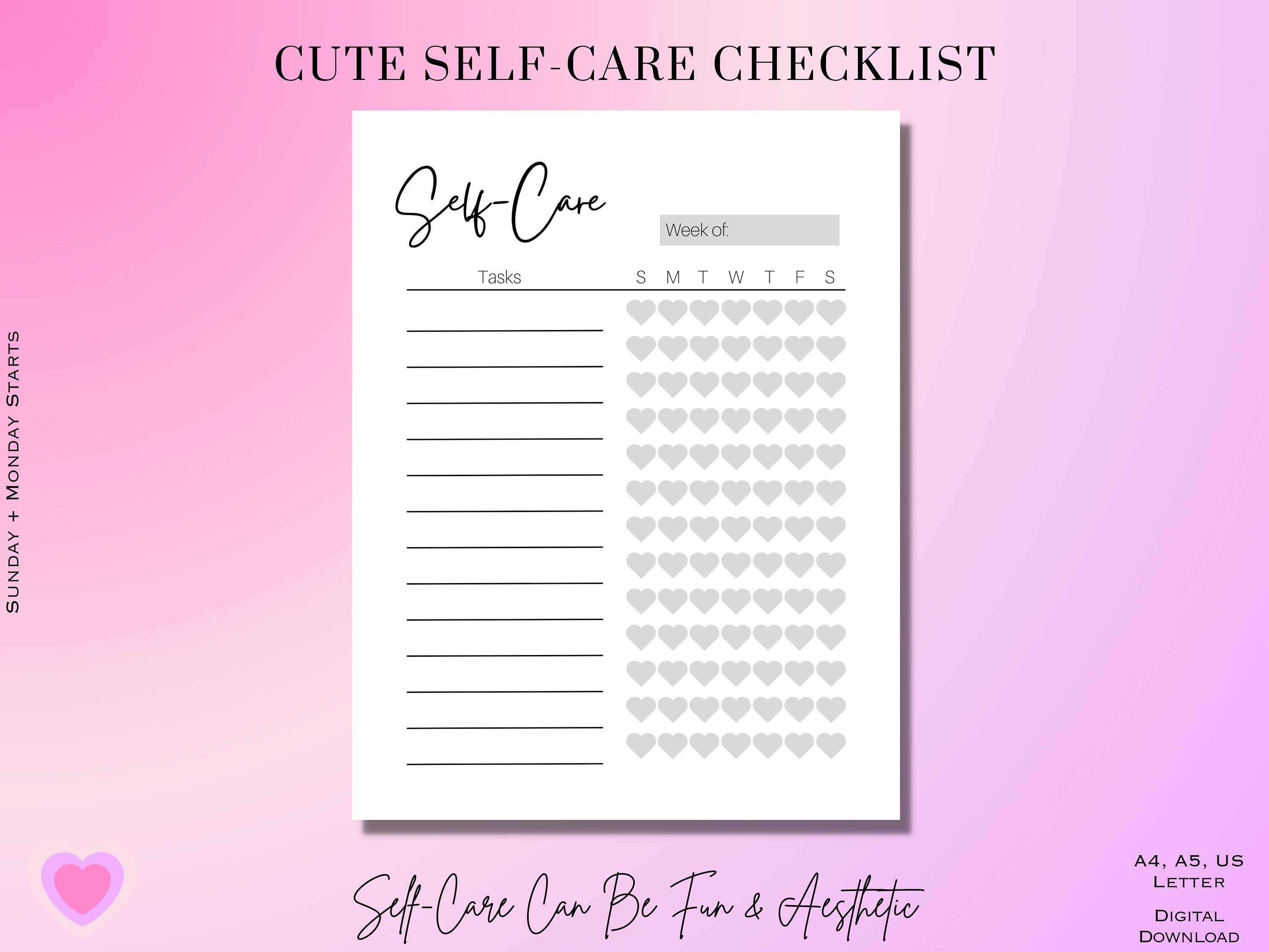 Love Heart Weekly Self Care Checklist, Printable Habit Tracker, Cute ...
