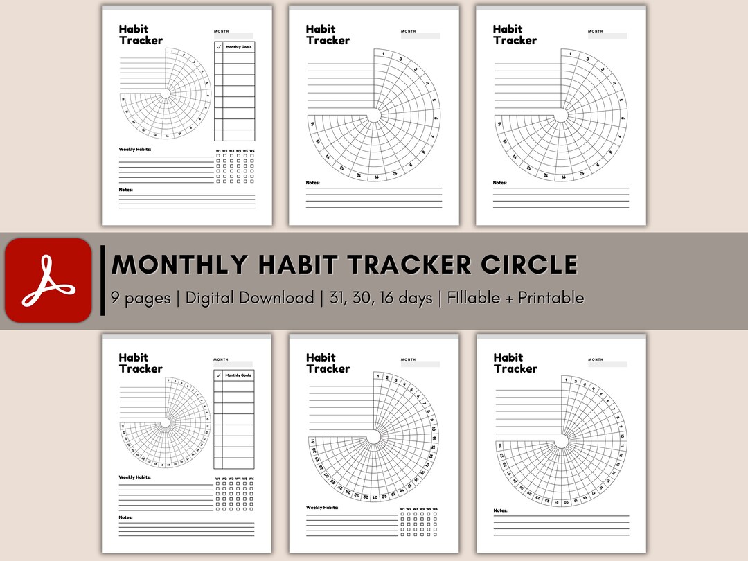 Monthly Habit Tracker Circle Printable. Editable, Fillable Productivity ...