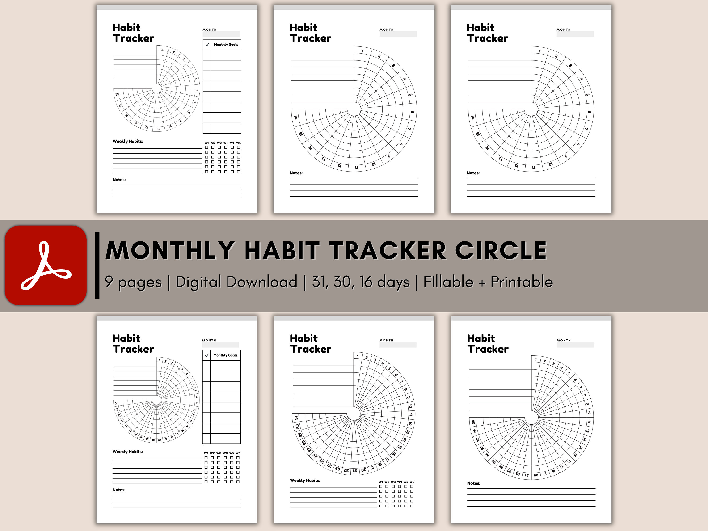 Monthly Habit Tracker Circle Printable. Editable, Fillable Productivity ...