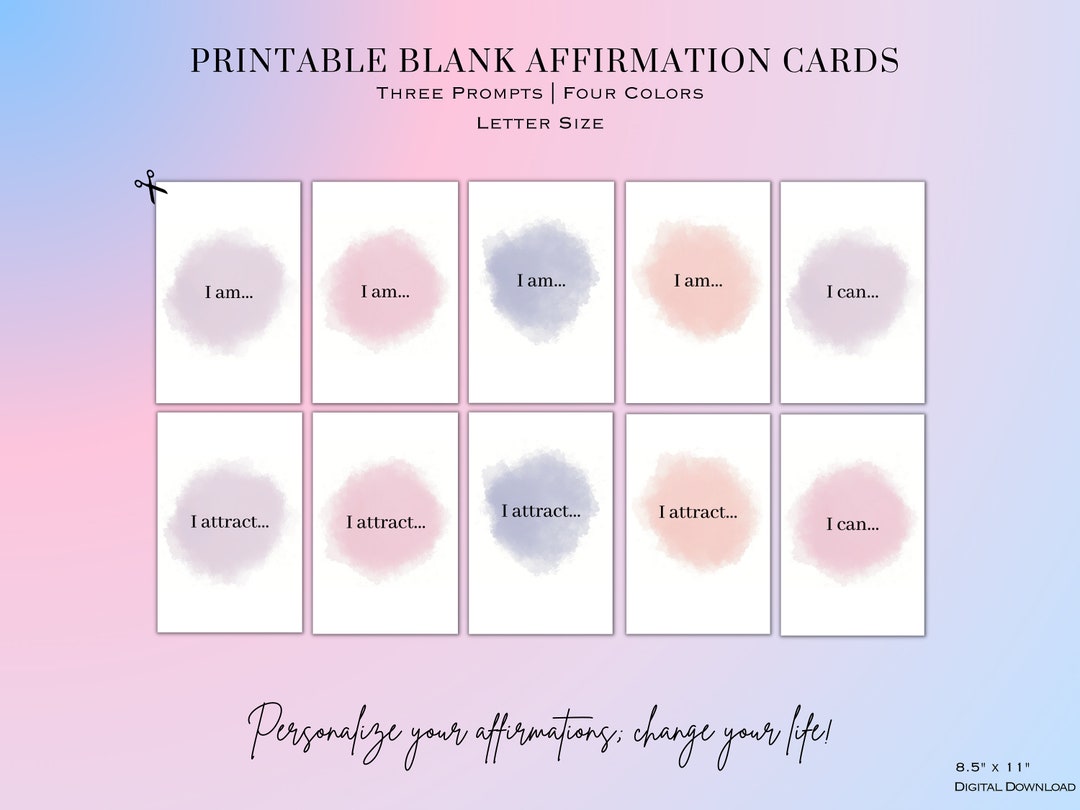 Blank Printable Affirmation Cards. 12 Cards, Pastel Lavender, Pink ...