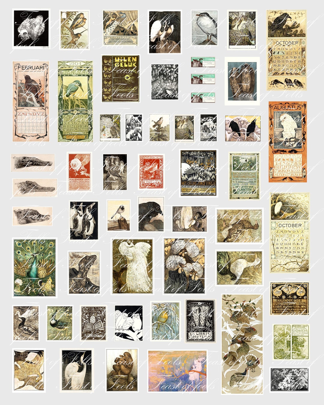 1:12th Scale Art Nouveau Woodblock Prints Birds Plus - Etsy