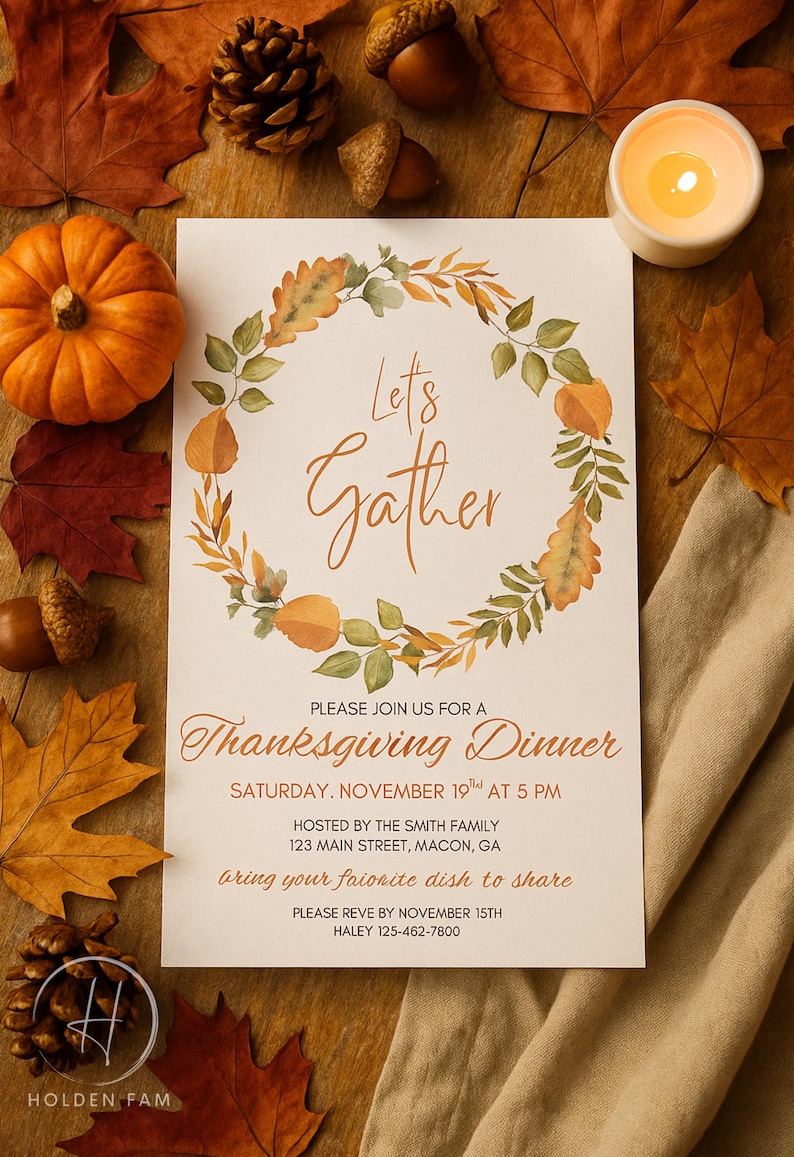 Thanksgiving Dinner Invitation, Watercolor Autumn Leaves (printable ...