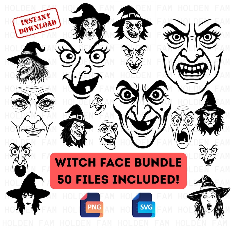 Witch Face Svg Bundle Halloween Clipart 50 Files Digital Download