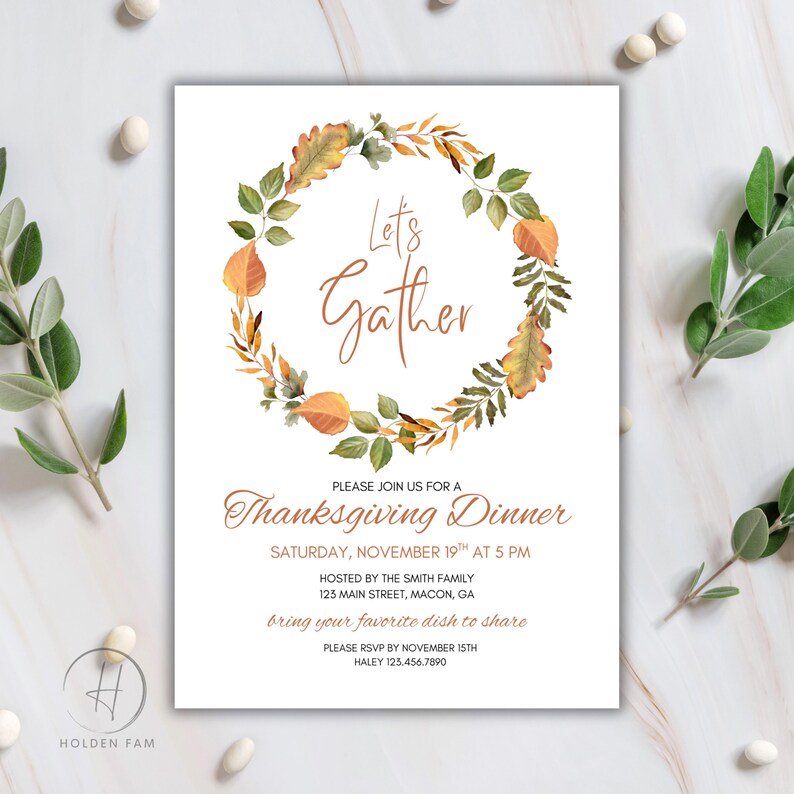 Thanksgiving Dinner Invitation, Watercolor Autumn Leaves (printable ...