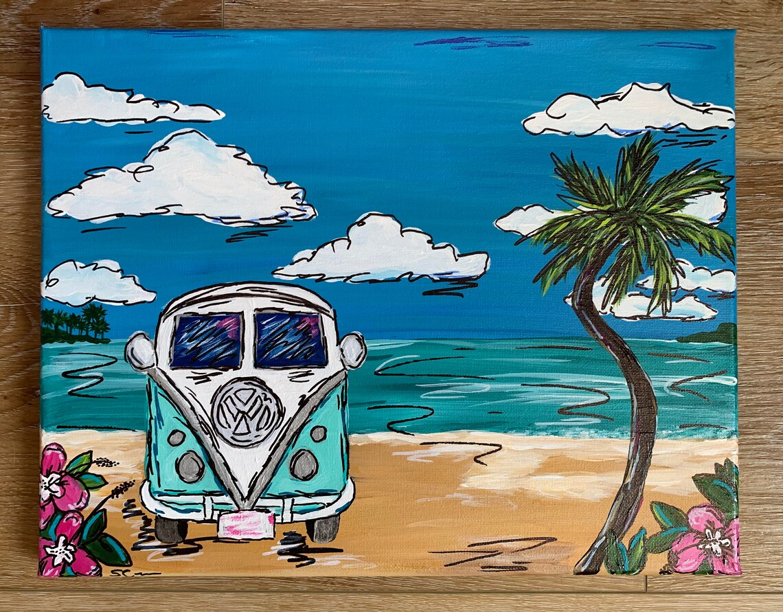 Fun Colorful Hand Painted VW Bus Beach Canvas Painting With ...