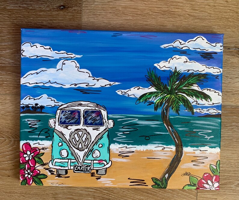 Fun Colorful Hand Painted VW Bus Beach Canvas Painting With ...