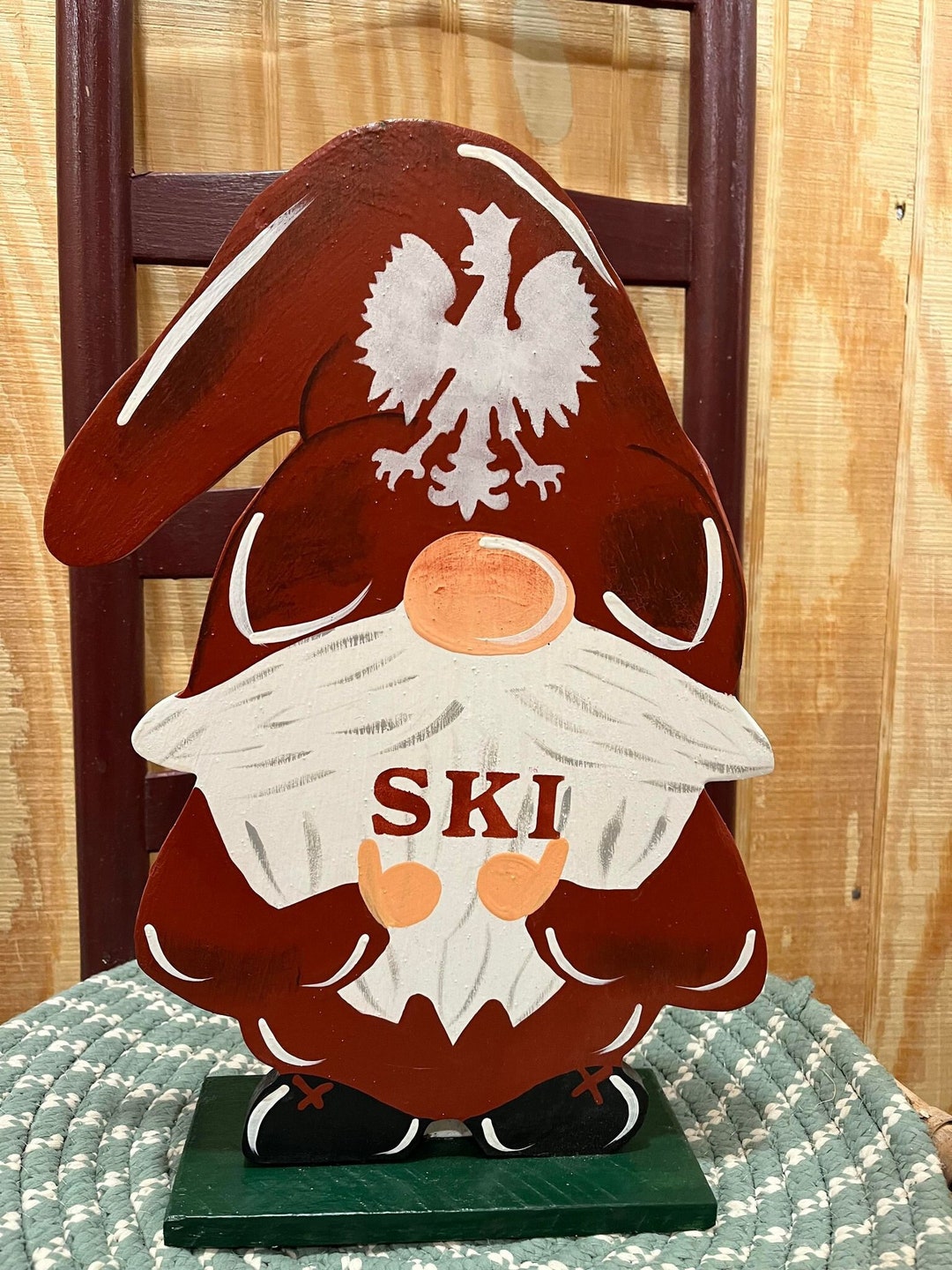 Polish Wood Standing Porch Gnome With SKI, Home Decor, Wood Gnome ...