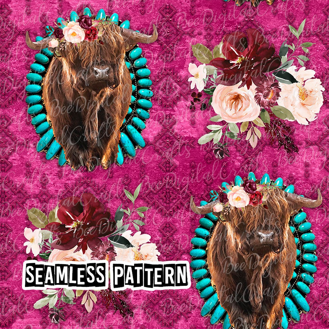 SEAMLESS Pattern Flower Highland Cow With Turquoise Aztec Hot Pink ...