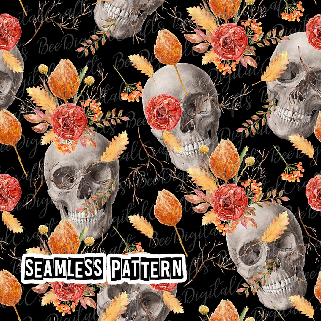 SEAMLESS Pattern Floral Skull Bohemian Digital Fabric Design Flower ...