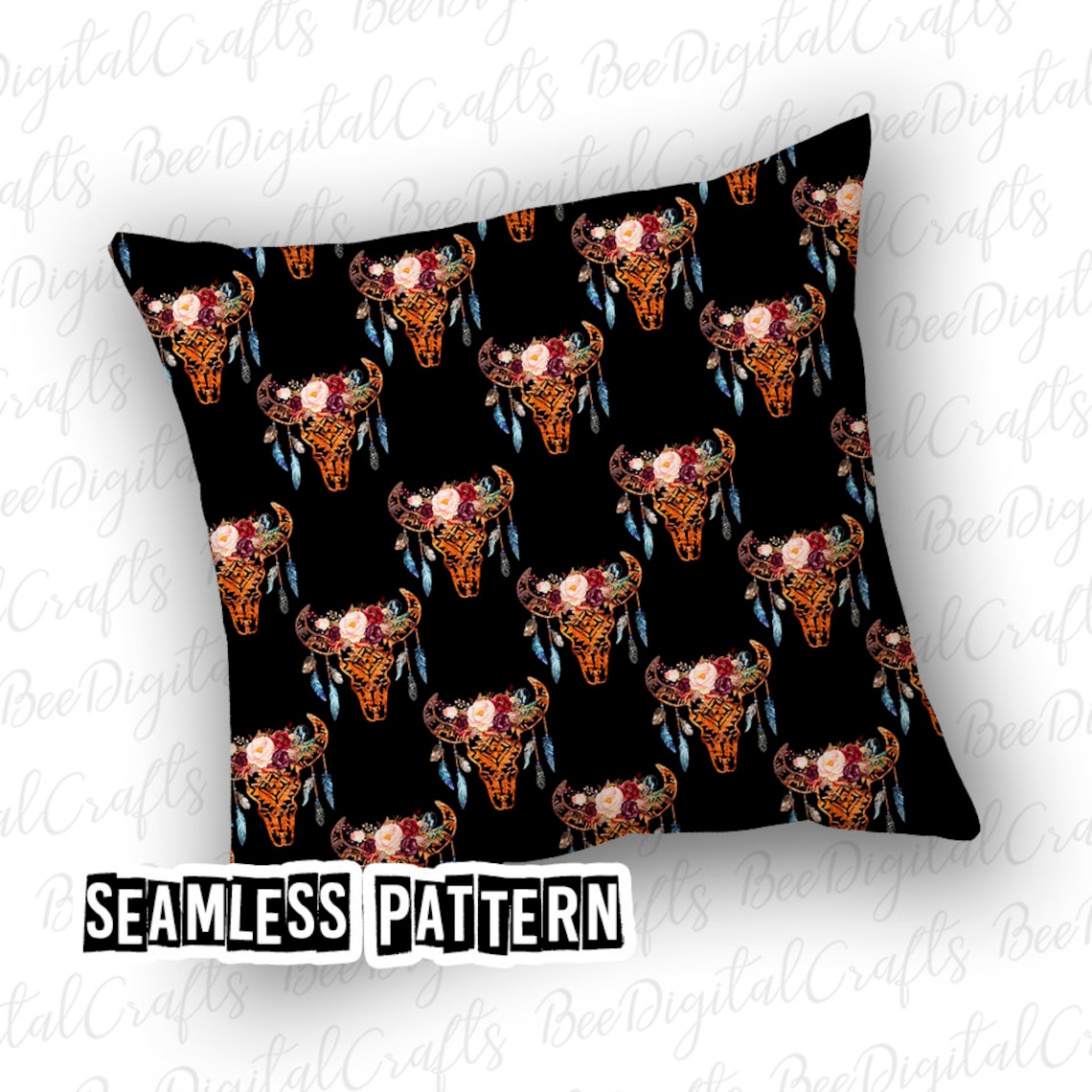 SEAMLESS Pattern Rustic Bull Skull With Flower Western Digital - Etsy