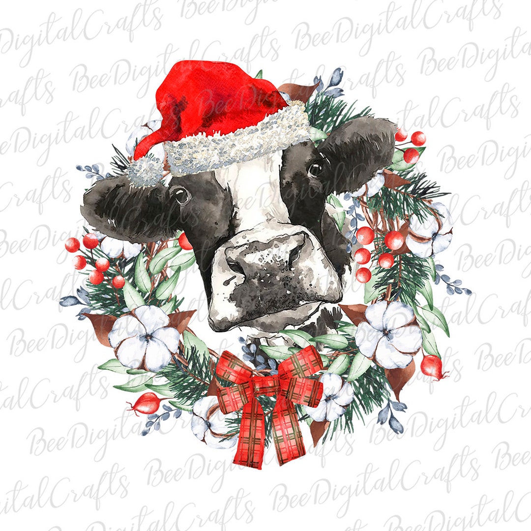 Christmas Cow PNG Download Farm Animal With Flower Wreath Sublimation ...