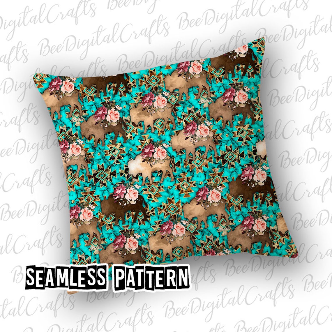 SEAMLESS Pattern Turquoise Leopard Print Western Bizon With - Etsy