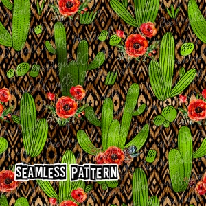 SEAMLESS Pattern Flower Cactus Western Digital Fabric Design Aztec ...
